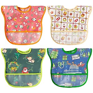 2ooya 4pcs Baby Christmas Bibs Baby Waterproof Bibs Toddler Kids Feeding Bib Set with Crumb Catcher Pocket Infant Adjustable Baby Teething Food Bib Baby Keepsake Gift for Christmas（6-12 Months）