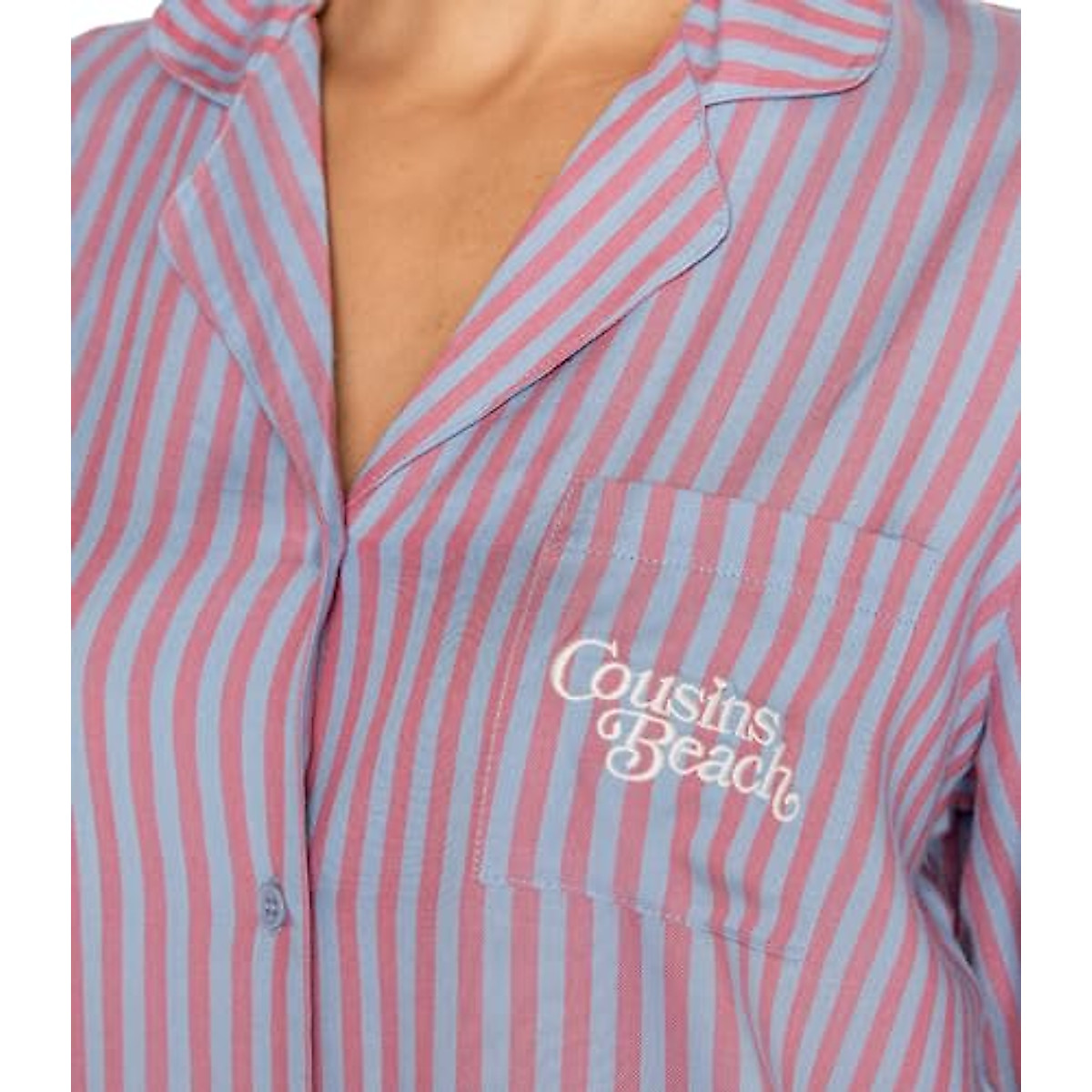 PJ SalvageThe Summer I Turned Pretty Womens Button Down Woven Stripe Pajama SetBubblegum SeaX-Small