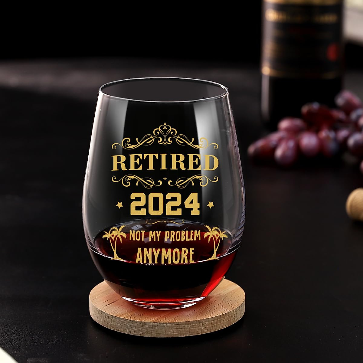 Retirement Gifts for Women Men- Retired 2024 Not My Problem Anymore Happy Retirement Gifts for Her Him Colleague Leader Boss Teacher Friend Nurse Coworker Retirement Wine Glass & Bottle Gift Bag Set