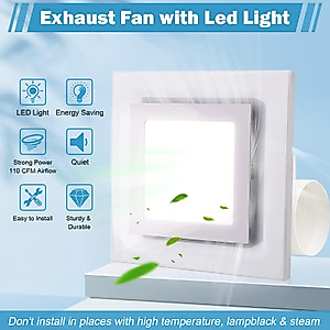 Bathroom Exhaust Fan with LED Light Ceiling Mount Ventilation Fan, 110 CFM 1.0 Sones 4 Inch Duct, Quiet Square Bathroom Fan Light Combo