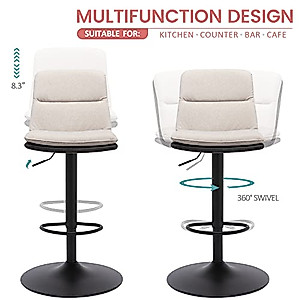 Brage Living Fabric Adjustable Bar Stool, Swivel Counter Height Barstool with Back, Armless Kitchen Bar Chair for Dining Cafe with Large Black Base (Greige)