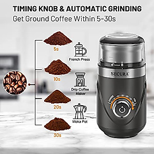 Secura Adjustable Coffee Grinder Electric, Spice Grinder Electric, Coffee Bean Grinder, Multipurpose Grinder for Spices, Herbs, Nuts, Grains with 1 Stainless Steel Blades Removable Bowl, Grey