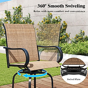 Tangkula Outdoor Swivel Bar Stools Set of 2, Bar Height Tall Patio Chairs with Armrests & High Back, Cozy Footrest & Solid Metal Support, High Top Bar Chairs for Backyard, Balcony, Poolside (1, Brown)