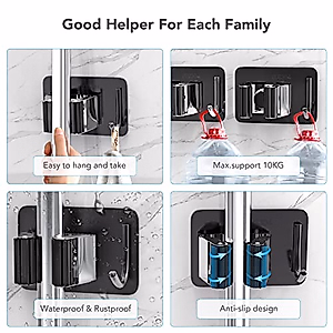 HOMEASY Mop Broom Holder No Drill SUS304 Stainless Steel, Mop Broom Organizer Wall Mounted Heavy Duty with Hooks Hanger, Self Adhesive Stainless Steel 4Pcs for Bathroom, Kitchen, Office