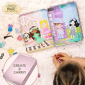 Story Magic Dress-Up Dolls Playset, Pretend Play Magnetic Case, Magnet Outfit and Accessory Pieces, Great for Travel or Playdates, Magnetic On The Go Activity Set for Ages 4, 5, 6, 7 , Pink