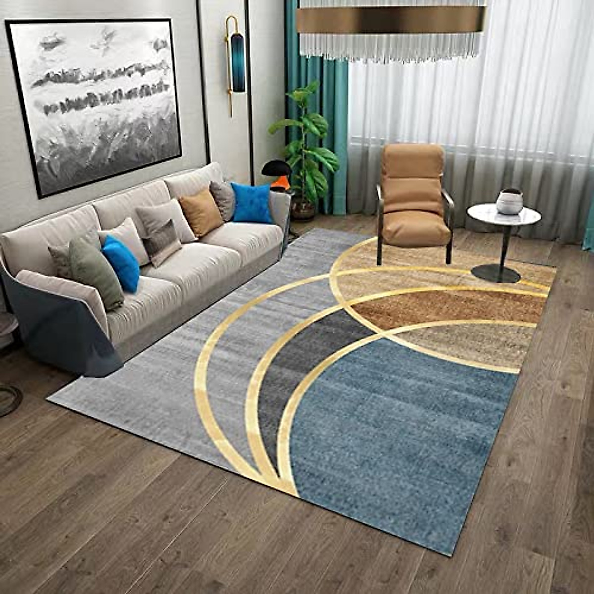 Area Rug 8x10 Feet / 240x300 cm Area Rugs for Living Room, Anti-Skid Extra Comfy Fluffy Floor Carpet for Indoor Home Decorative Gray Blue Yellow Black Semicircle Pattern