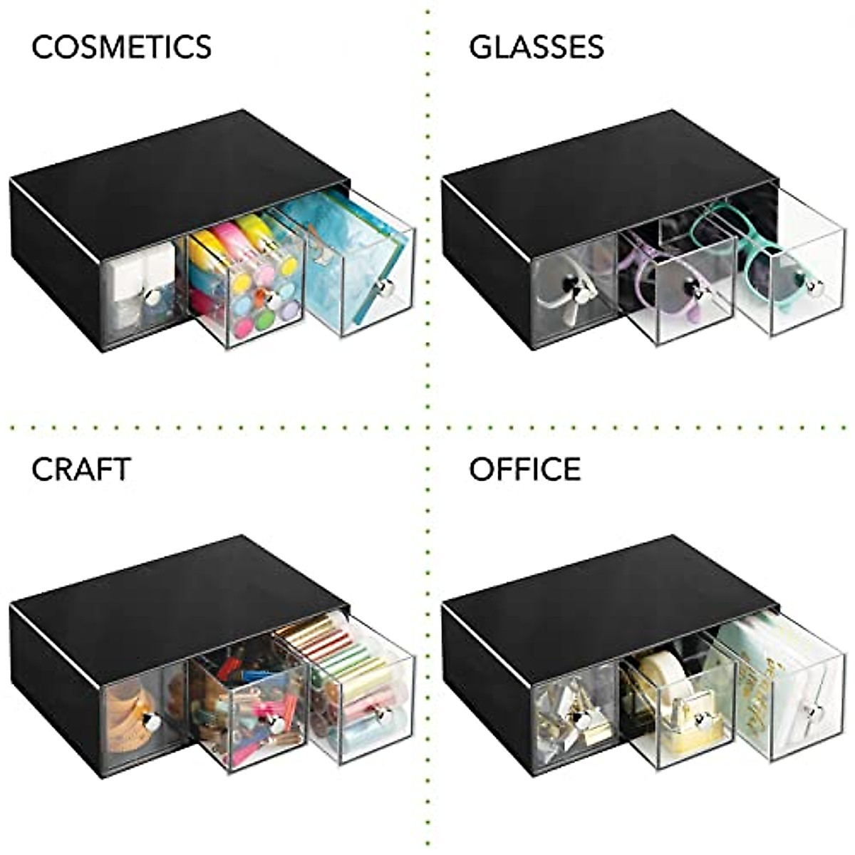 mDesign Plastic Kitchen Pantry Stackable Storage Organizer Container Station, 3 Drawers for Cabinet, Countertop, Holds Coffee, Tea, Sugar Packets, Creamers, Lumiere Collection, 2 Pack - Black/Clear