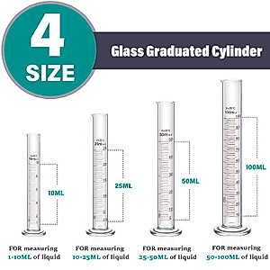 Glass or Plastic Graduated Cylinder Beaker Set, Thick Lab Cylinders (10 ml, 25 ml, 50 ml, 100 ml), Beaker (50 ml, 100 ml, 250 ml, 500 ml, 1000 ml) with 3 Dropper 4 Stirring Rod 7.9 Inch(Glass)