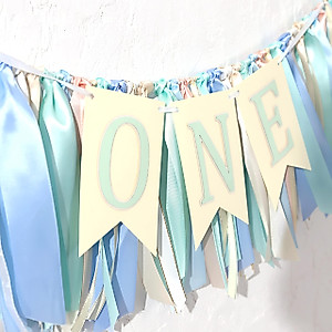 Blue and Green 1st Birthday Banner - Highchair Banner 1st Birthday Boy , Greenery Party Decorations , First Birthday Decorations for Kids , Baby Birthday Party Photo Props(Blue and Green Banner)