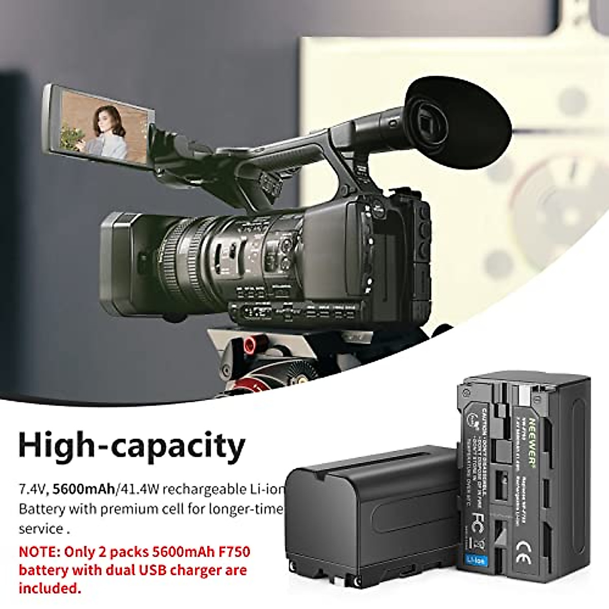 Neewer NP-F750 2-Pack 5600mAh Li-ion Replacement Battery with USB Charger, Compatible with Sony NP-F550 570 750 770 930 950 FM55H FM500H QM71 QM91 QM71D LED Light, Monitor, Motorized Slider