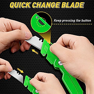 DIYSELF 2-Pack Utility Knife, Box Cutter Retractable and Folding Utility Knife, Blade Storage Design, Box Cutters for Cardboard, Cartons, Razor Knife with Extra 10 Blades, Quick Change Blade (Green)