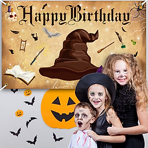 Remerry Magic Wizard Happy Birthday Party Supplies Halloween Magical Wizard Banner Backdrop Wizard Hat Party Background Photo Booth for Boys Girls Birthday Halloween Wall Decoration, 6 x 3.6 Feet