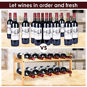 RIIPOO Wine Rack, Countertop Wine Rack, Wine Storage Shelf, 12 Bottles Bamboo Wine Holder, 2 Tier