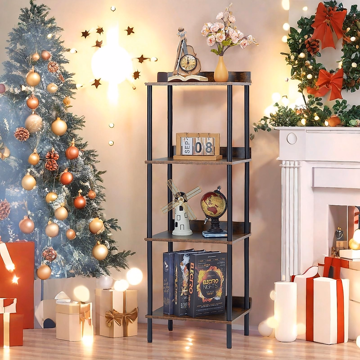 AKACIJA Bookshelf Small Book Shelf, 4 Tier Shelf Office Bookshelf Wood Narrow Bookcase Industrial Bookshelf Organizer Display Shelf Rack for Bedroom Living Room Home Office (Rustic Brown-15.7" L)