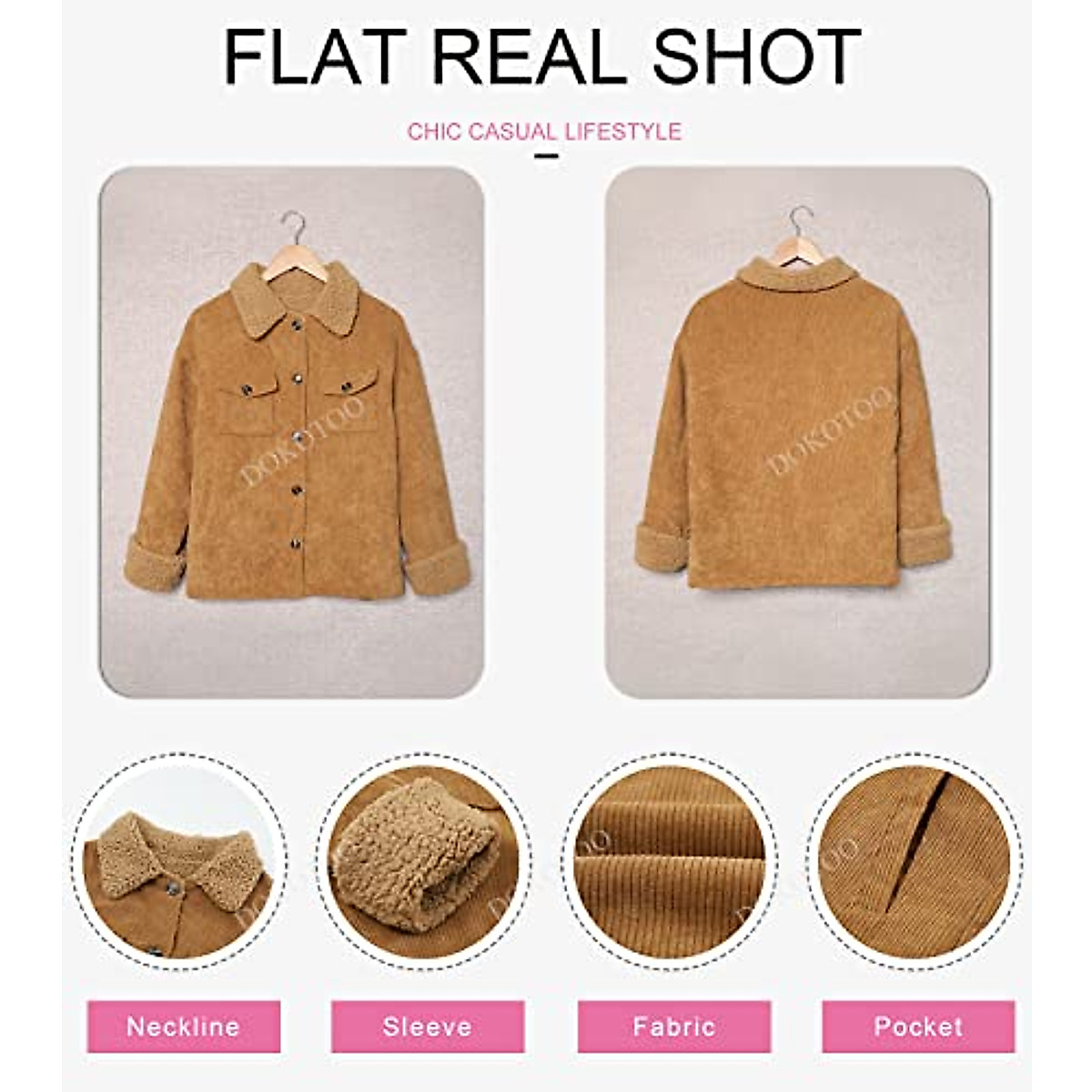 Dokotoo Stylish Women's Ladies Thick Sherpa Lined Warm Corduroy Jackets Classic Button Down Long Sleeve Comfy Teddy Bear Oversized Coat for Fall Winter with Side Pockets Brown S