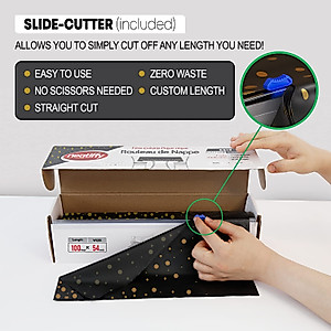 Neatiffy 54 in x 100 Ft - Disposable Plastic Table Cloth Roll with Slide Cutter | Waterproof Cover for Rectangle, Square, Oval Tables | Picnic, Party, Banquet, Birthdays, Weddings - Black Golden Dot