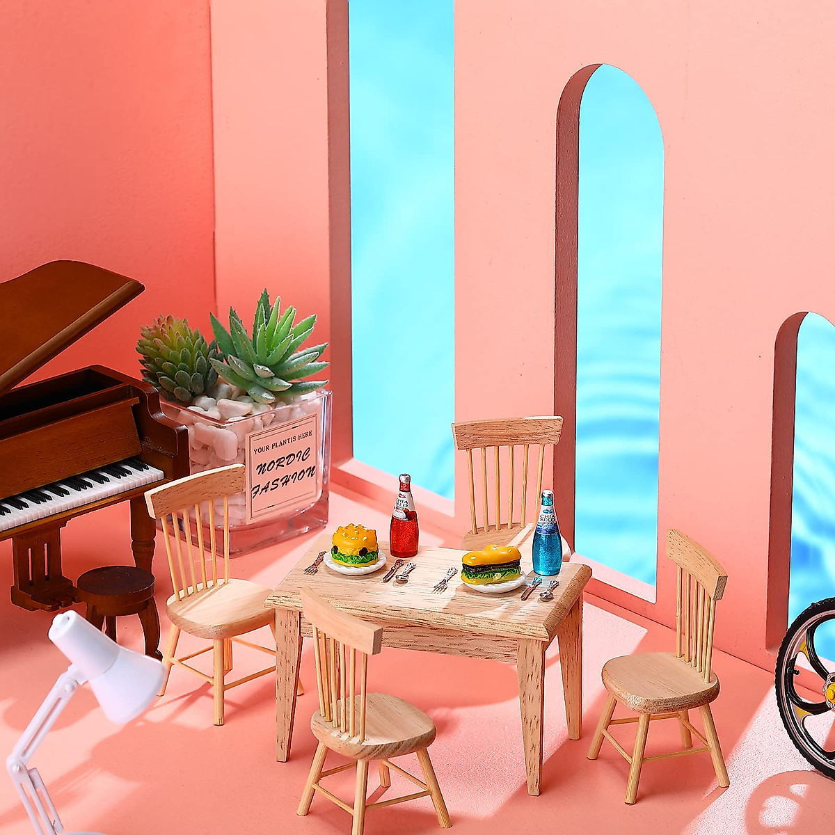 Zhanmai 21 Pcs Dollhouse Miniature Table and Chairs Dollhouse Plates Knives Spoons Forks 1/12 Scale Wooden Table Miniature Mini Dollhouse Accessories for DIY Kitchen Dollhouse Decoration