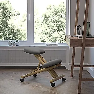 EMMA + OLIVER Mobile Wooden Ergonomic Kneeling Office Chair in Gray Fabric