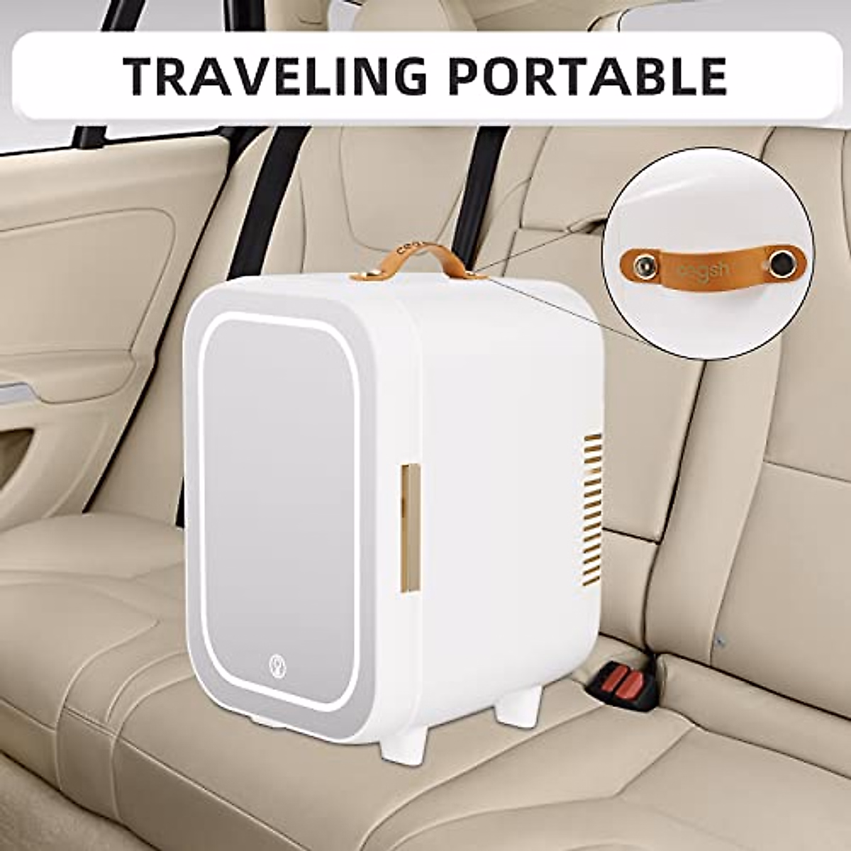Cegsin Mini Fridge, 6 Liter/8 Cans Small Skincare Fridge with LED Mirror Door, AC/DC Portable Mini Refrigerator for Cosmetic & Makeup, Plug In Cooler and Warmer for Bedroom, Dorm, Office, Car(Beige)
