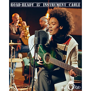 Mophead 15-Foot Guitar Instrument Cable - 1/4 Inch TS to 1/4 Inch TS Right Angle Pro Grade Double Insulated Tweed Braided for Electric Guitar, Bass, Amp, Keyboard (Red with Black Stripe)