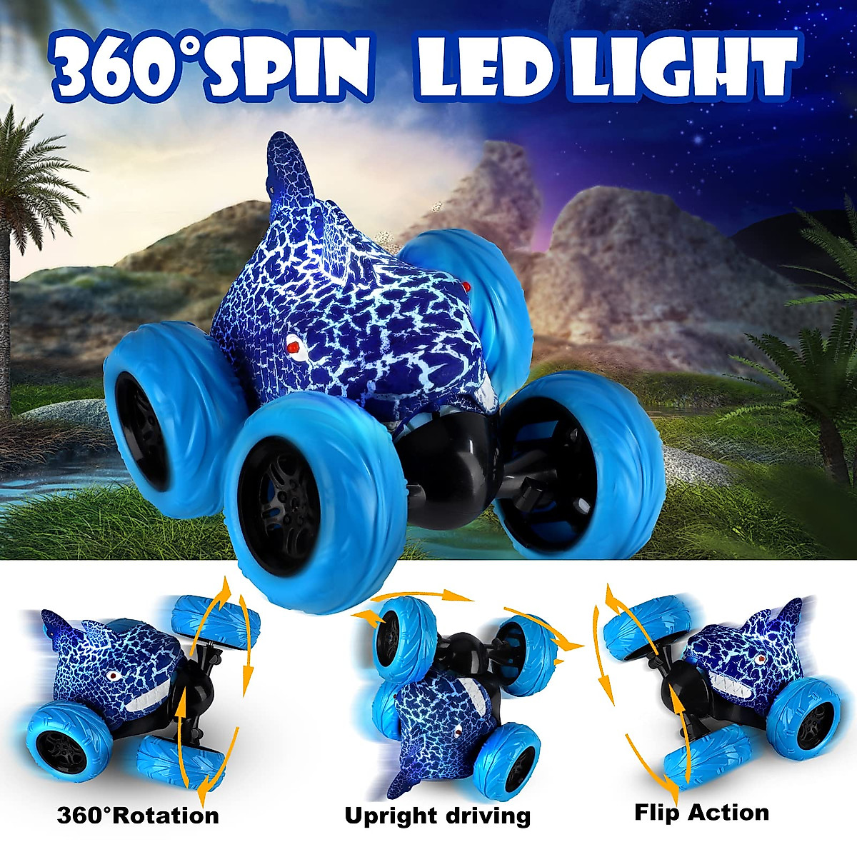 Dywalfri Remote Control Car, Dinosaur Toys RC Stunt Car 360°Rolling with LED Headlights, Rechargeable RC Car Dinosaur Toys Gifts for 4 5 6 7 8-12 Year Old Boys Girls Kids （Sharkosaurus ）