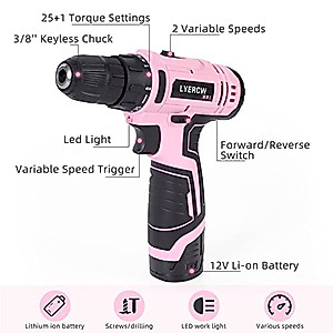 LYERCW 12V Cordless Drill, Pink Electric Drill Driver Set with 21Pcs Driver/Drill Bits, 25+1 Torque Setting, 3/8" Keyless Chuck, 2 Variable Speed, LED Light, Storage Bag