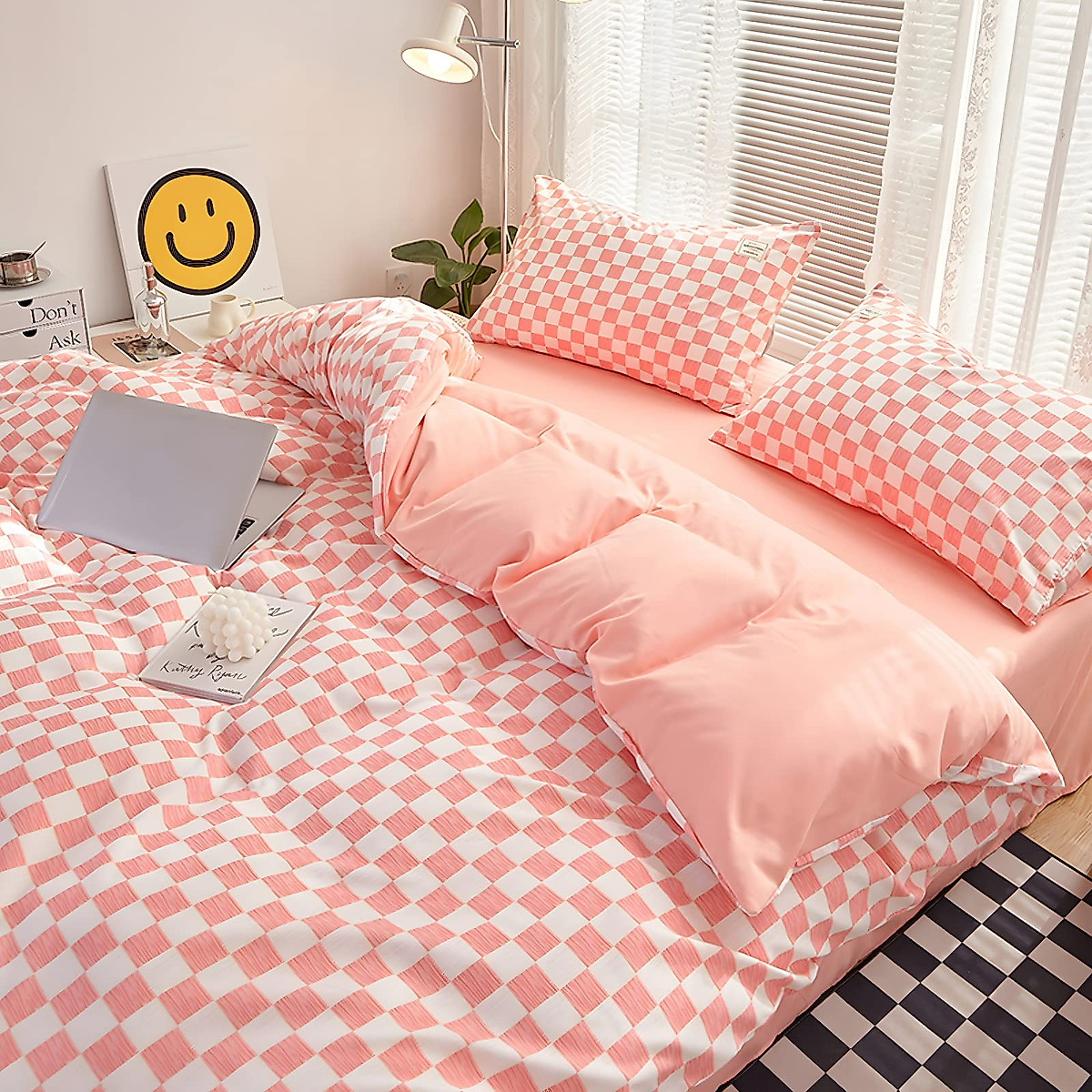 Pink Bedding Checkered Duvet Cover Set Twin, Soft 100% Washed Cotton Grid Plaid Duvet Cover Set, 4PCS 1 Quilt Cover+2 Pillow Covers+1 Flat Sheet, Checkered Cover Set Bedding Sets Collections