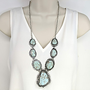 Elosee Turquoise Stone Western Style Bib Statement Pendant Long Necklace 27 Inch (Turquoise)