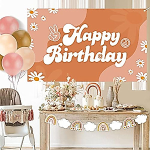 DARUNAXY Happy Birthday Banner for Women, Boho Hippie Theme Birthday Backdrop for Baby Shower, Happy Birthday Decorations for Girls, Boho Daisy Flower Groovy Birthday Party Supplies