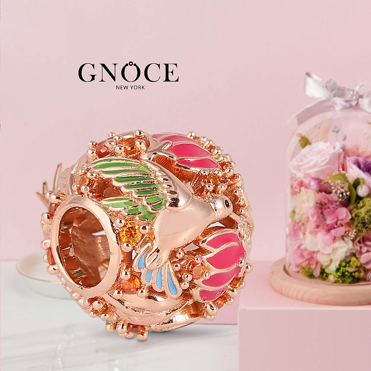 GNOCE Hummingbird Charm Bead 925 Sterling Silver 18k Rose Gold Plated Hollow Charms For Bracelet/Necklace Women …