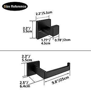 Matte Black Bathroom Hardware Set 3 Pieces SUS304 Stainless Steel Square Wall Mounted Including Toilet Paper Holder, Robe Towel Hooks,Bathroom Accessories Kit