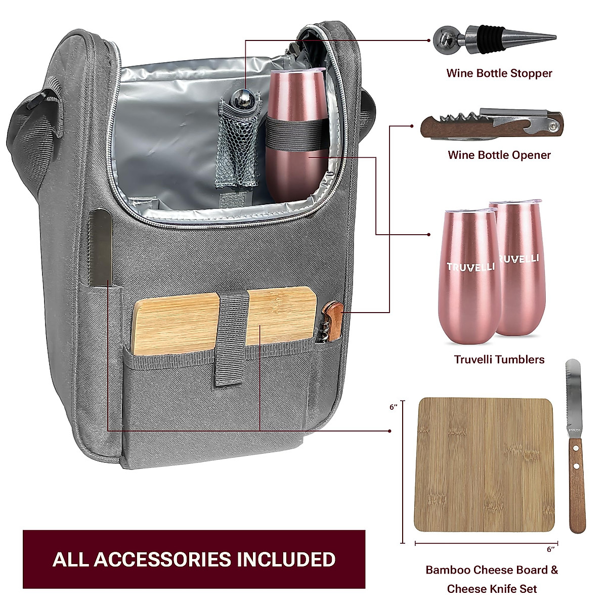 Truvelli Insulated Wine Tote Bag: Portable 2 Bottle Cheese Waterproof Black Canvas Carrier Picnic Kit - Stopper Attachment, Plus Wooden Charcuterie Board