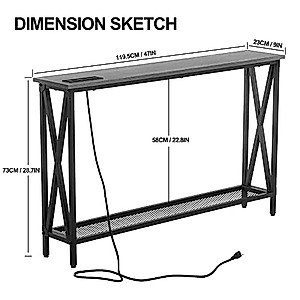 Zoopolyn Console Sofa Table with Power Outlet and USB Ports Narrow Couch Table for Living Room 47 Inch Entrance Hallway Table with Shelf Grey Oak