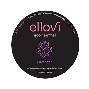 Ellovi All-Natural Body Butter - Lavender - Pure Enough to Eat - Made With Just 6 Vegan Ingredients - Ultra-Rich 100% Plant-Based Hydrating Moisturizer For Naturally Healthy Skin (3.4 fl. oz/100ml)