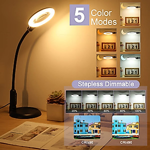 JEEDEFI 2-in-1 Magnifying Glass with Light and Stand, 5 Lighting Modes Stepless Dimmable LED Magnifying Clamp Lamp, 8X Desk Lighted Magnifier Hands Free for Craft Close Work Mini Painting Hobby, Black