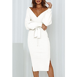 Pink Queen Womens V Neck Sweater Wrap Dresses Batwing Sleeve Elegant Holiday Bodycon Slit Maxi Knit Dress Belted White L