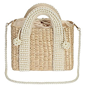 FUSMIC Women's Handbag Straw Handmade Artificial Pearl Rattan Weave Tote Shoulder Bag Beige