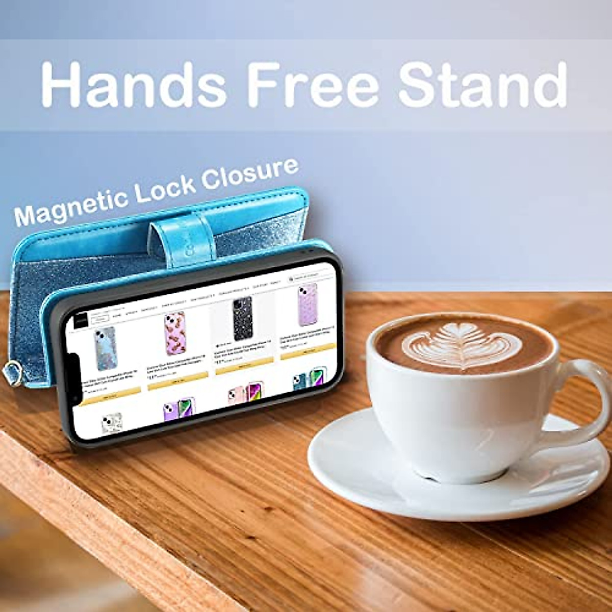 Coolwee Wallet Case Compatible iPhone 13 Pro Max Flip Folio Cover with Card Slots Kickstand Design Wrist Strap Girls Women Glitter PU Leather Compatible with Apple iPhone 13 Pro Max Blue Glitter