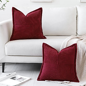 OTOSTAR Set of 2 Corduroy Throw Pillow Covers with Splicing Super Soft Boho Striped Pillow Covers Broadside Decorative Textured Throw Pillows for Couch Sofa Bed Living Room 18x18 Inch, Burgundy