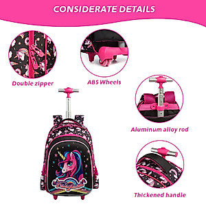 3 PCs Rolling Backpack with Lunch Bag Pencil Case, 16 inch Lightweight Roller Backpacks for Girls Elementary, PU Leather Backpack with Wheels for School Travel, 4+ years old, Black Unicorn