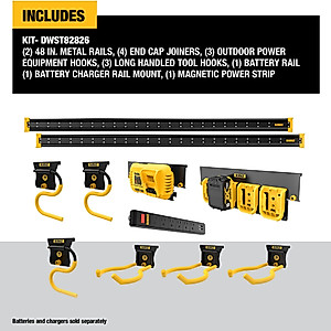 DEWALT Tool Organizer, Wall Mount, Kit for Lawn & Garden Tools, Includes Hooks, 2 Metal Rails, Charger Mount and Magnetic Power Strip, DEWALT Workshop Storage System Compatible (DWST82826)