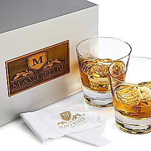 MAVERISO Whiskey Glasses Set of 2 - Old Fashioned Glass - Premium Low Ball Cocktail Bar Ware with Round Bottom for Scotch, Bourbon & Cocktail - Luxury Aluminum Silver Box with Brass Emblem - 10 oz.