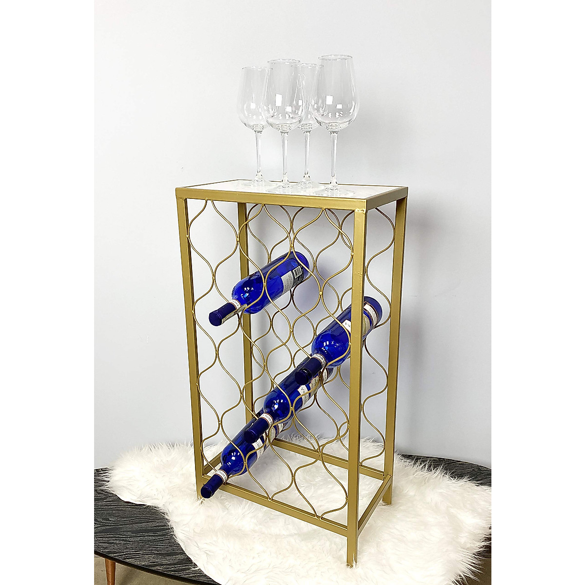 Wine Rack Bottle Holder for 18 Bottles - Decorative Mini Bar Stand with Marble Table Top - Gold Metal Free Standing Home Wine Organizer for Storage and Display in Kitchen, Pantry - by Designstyles