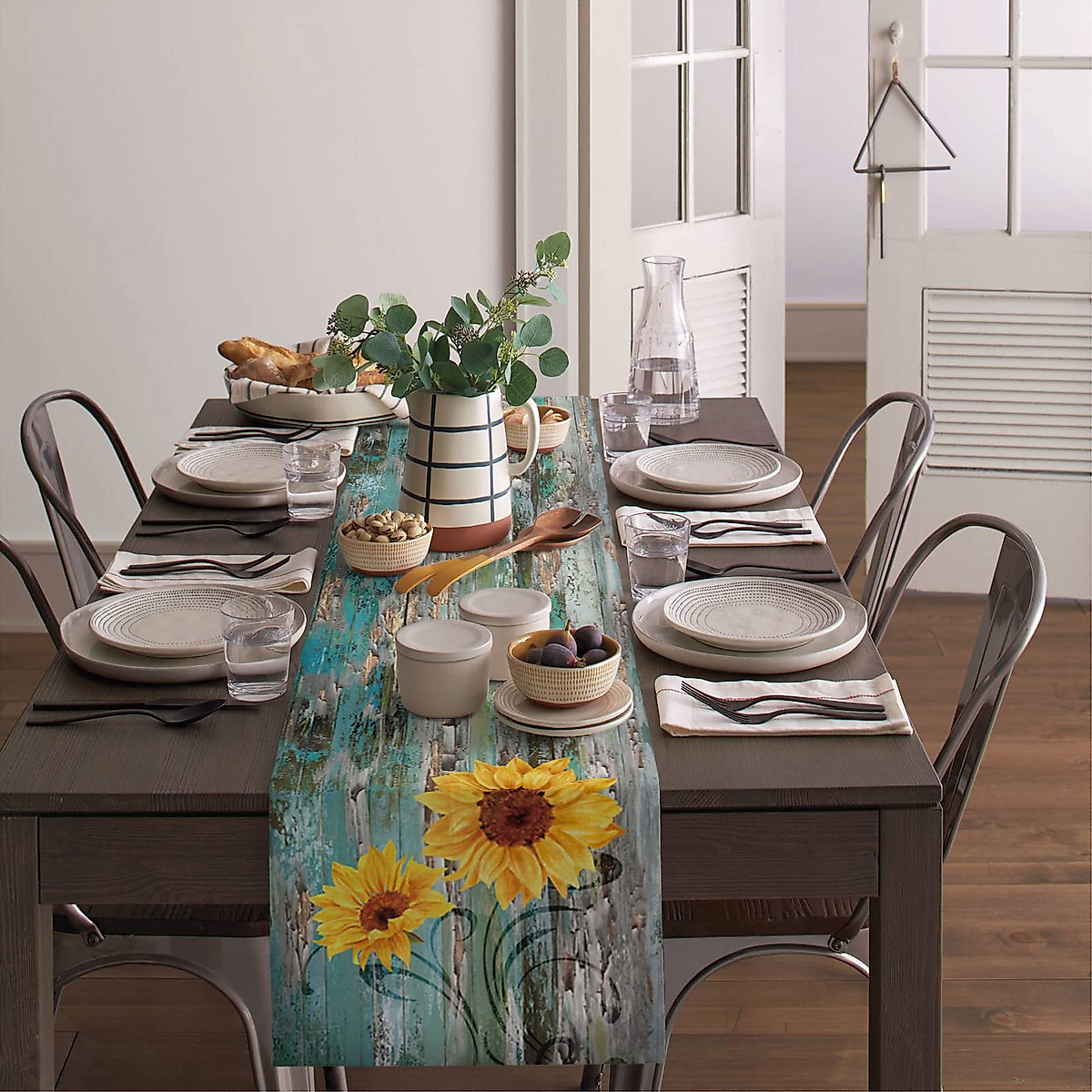 Summer Sunflowers Table Runner 36 Inches Long Farmhouse Dress Scarves, Spring Floral Botanical Teal Brown Retro Wood Dining Tablerunner for Coffee Table/Kitchen Island/Party Décor, Small 13" x 36"