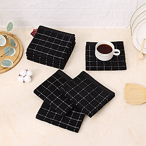 Mordimy 100% Cotton Terry Cloth Dish Cloths, Soft and Absorbent Checkered Dish Towels, Quick Drying Dish Rags for Washing Dishes, 8 Pack, 12 x 12 Inches, Black