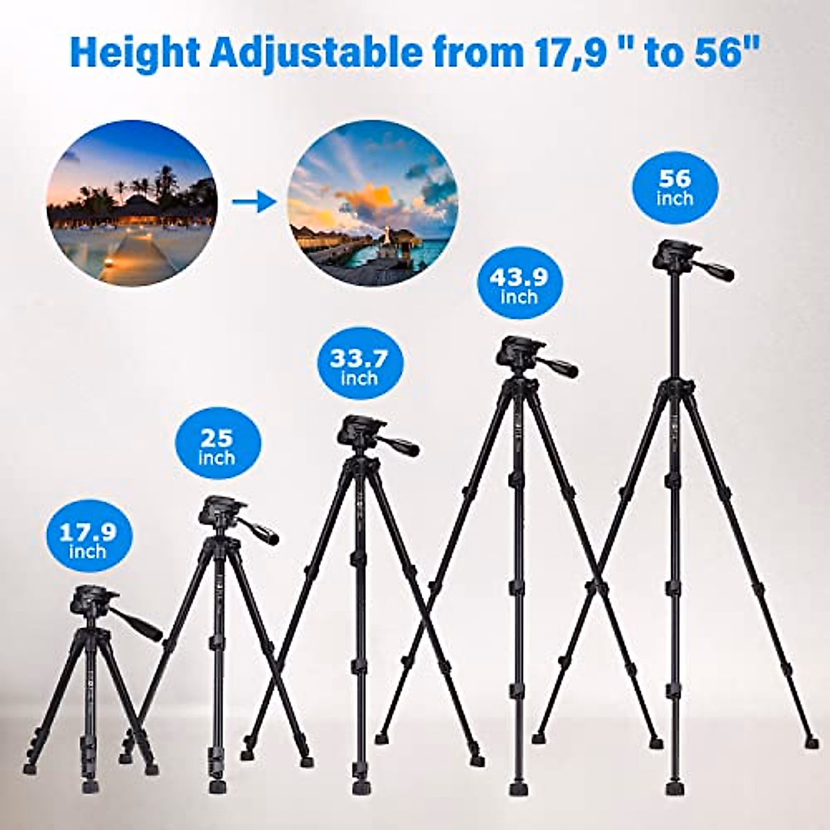 PHOPIK Camera Tripod, 56” Cell Phone Tripod with Phone Holder, Extendable Video Tripod with Quick Release Plate,Compatible with All Cameras, Cell Phones, Projector, Webcam, Spotting Scopes