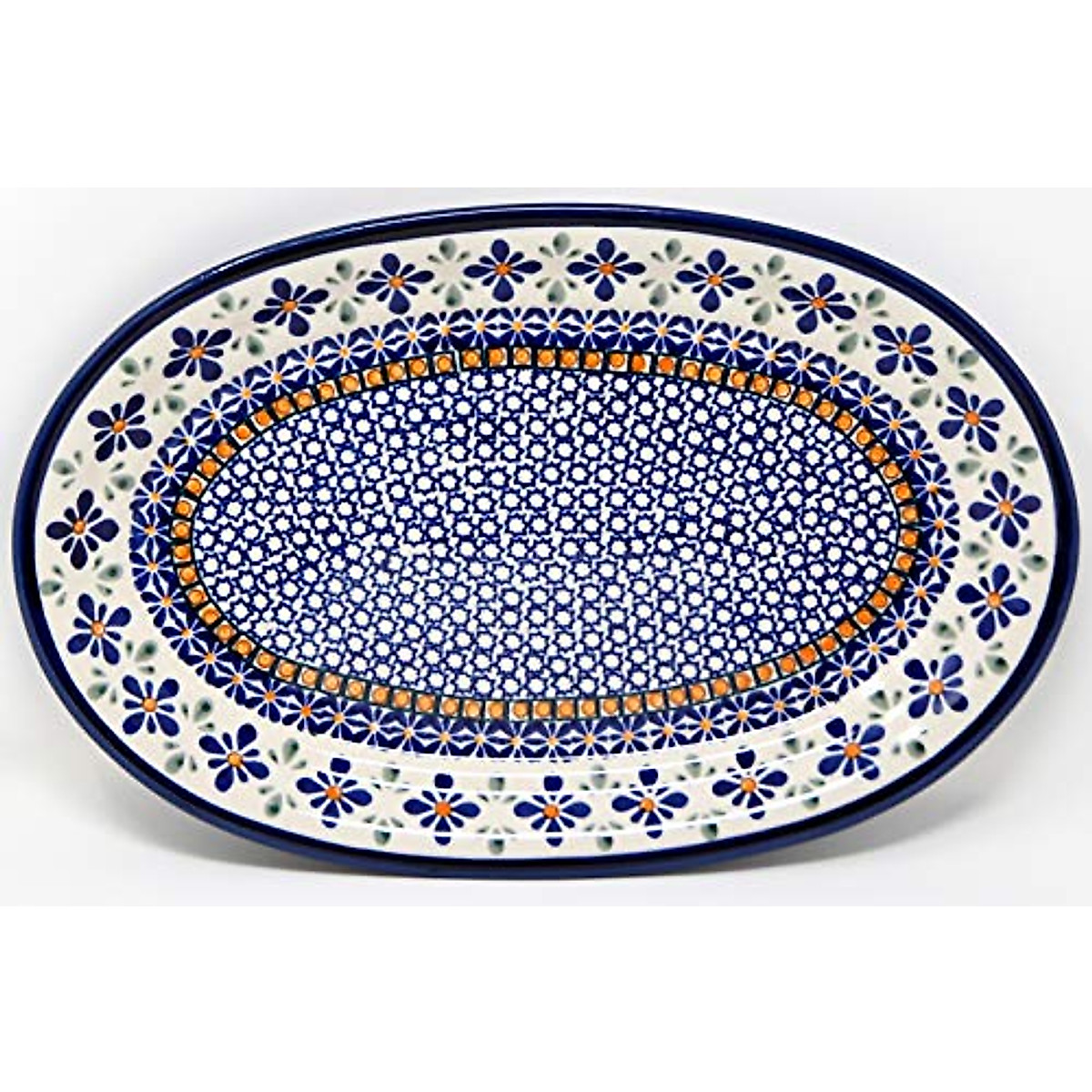 Polish Pottery Oval Serving Platter From Zaklady Ceramiczne Boleslawiec Mosaic Flower Pattern, Dimensions: 12 Inch X 7.75 Inch