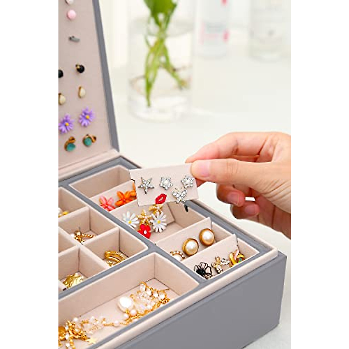 QBestry Stud Earring Organizer for Women Girls Gray Jewelry Box for Earrings Necklace Jewelry Organizer,Girls Earring Box for Womens Necklace Holder Rings Organizer Bracelet Earring Storage Case,Grey