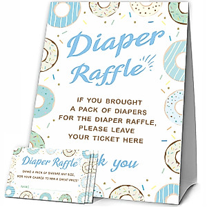 JCVUK Baby Shower Games, 1 Diaper Raffle Standing Sign with 50 Diaper Raffle Tickets,Donut Love Theme Babyshower Party Decorations and Supplies For Boys or Girls(LBLK-B08)