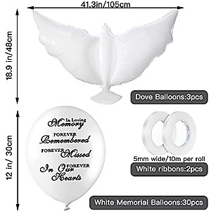 Jishi Dove Memorial Balloons to Release in Sky, Biodegradable Funeral Balloons Memorial Decorations for Celebration of Life Party Happy Birthday in Heaven, 30 Memorial Balloons & 3 White Dove Balloons